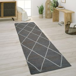 Teppich Paco Home, B:80cm H:13mm L:250cm, grau, Jute, Wohnzimmer, Teppiche, "Skive 685", handgeflochten, Rauten Muster, Naturfaser, auch als Läufer