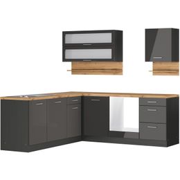 Winkelk&uuml;che KOCHSTATION, B:220cm H:200cm T:60cm, grau, Komplettk&uuml;chen-Sets, "KS-Milan", Stellbreite 220/220 cm, viel Stauraum, wahlweise mit E-Ger&auml;ten