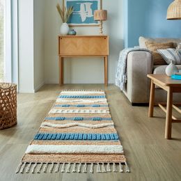 Läufer FLAIR RUGS, B:60cm H:12mm L:230cm, blau, Baumwolle, Jute, Wolle, Flur, Teppiche, "Medina, mit abstraktem Streifenmuster", Boho-Look, aus