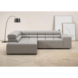 Ecksofa Inosign, B:249cm H:70cm T:215cm, grau, 100% Polyester, Wohnzimmer, Sofas, "Ancona, incl. Kopfteilverstellung + 3 Zierkissen, L-Form, Breite