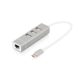 Digitus Laptop-Dockingstation "USB 2.0 3-Port Hub & FE LAN-Adapter Typ C Anschluss", B:8,9mm H:2,8mm T:16,1mm, silber, Dockingstationen
