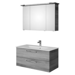 Badmöbel-Set SAPHIR, grau, Kastenmöbel-Sets, "Trentino 2-tlg Mineralmarmor-Waschtisch, Spiegelschrank mit LED-Profil", Badmöbel-Set 107cm breit,