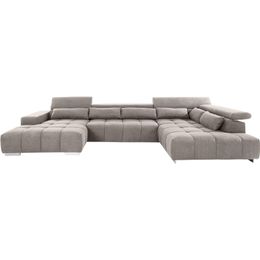 Wohnlandschaft COTTA, B:409cm H:73cm T:225cm, grau, 100% Polyester, Sofas, "Orion U-Form", mit Kopfteilverstellung & 6 Nierenkissen