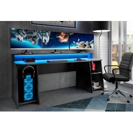 Gamingtisch FORTE, B:200cm H:91,1cm T:72cm, schwarz, Tische, "Tezaur", Schreibtisch mit RGB-Beleuchtung und Halterungen, Breite 200 cm
