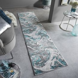 L&auml;ufer FLAIR RUGS, B:60cm H:12mm L:230cm, gr&uuml;n, Kunstfaser, Flur, Teppiche, "Marbled", dezenter Glanz, mehrfarbig, modernes Marmor-Design,