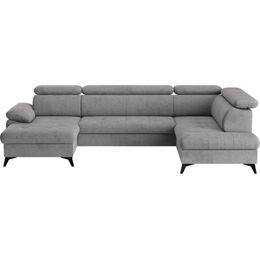 Wohnlandschaft COTTA, B:324cm T:207cm, grau, Sofas, "Hudson U-Form", mit Kopfteilverstellung, wahlweise mit Bettfunktion & Bettkasten