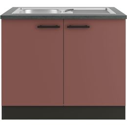 Sp&uuml;lenschrank Optifit, B:100cm H:84,8cm T:60cm, rot, Spanplatte, K&uuml;che, Schr&auml;nke, "Palma", Breite 100 cm, inklusive Einbausp&uuml;le