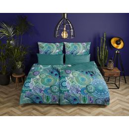 Wendebettwäsche HIP, blau, Satin, Obermaterial: 100% Baumwolle, Bettwäsche, "Kari", Mako-Satin, 135x200, Reißverschluss, Wendeoptik, Mandala, Federn,