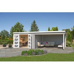 Gartenhaus Lasita Maja, grau, Holzwerkstoff, Gartenh&auml;user, "New Orleans", Blochbohlenhaus 28mm Anbau, Fundamentmass 3300x3300+3800, Lichtgrau