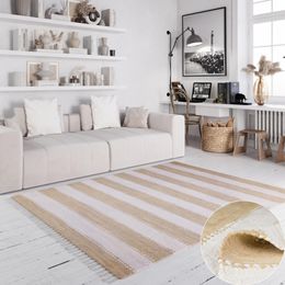 Teppich OTTO HOME, B:120cm H:10mm L:170cm, beige, Baumwolle, Polyester, Wohnzimmer, Teppiche, "Benja", Handweb Teppich, gestreift, 90% Baumwolle,
