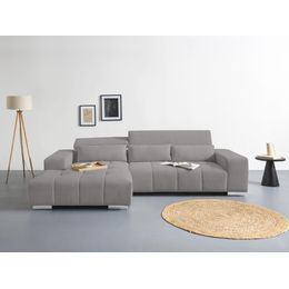 Ecksofa COTTA, B:307cm H:73cm T:186cm, grau, 100% Polyester, Wohnzimmer, Sofas, "Orion L-Form", mit 2x Kopfteilverstellung & 3 Nierenkissen