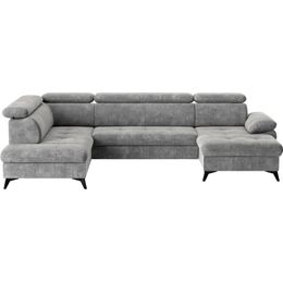 Wohnlandschaft COTTA, B:324cm H:100cm T:207cm, grau, Sofas, "Hudson U-Form", mit Kopfteilverstellung, wahlweise mit Bettfunktion & Bettkasten