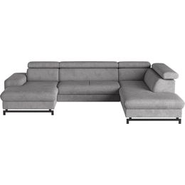 Wohnlandschaft COTTA, B:328cm H:97cm T:215cm, grau, Sofas, "Emma U-Form", mit Kopfteilverstellung, wahlweise mit Bettfunktion & Bettkasten