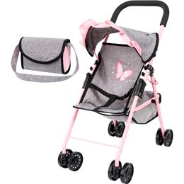 BAYER Jungen Puppenbuggyschmetterling grau, rosa, Kunststoff, Polyester, Stahl, B:26,5cm H:52,5cm T:42,5cm, Puppenwagen, mit Tasche