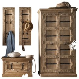 Garderoben-Set Sit, beige, Massivholz, Flur, Kastenm&ouml;bel-Sets, Front mit aufw&auml;ndigen Schnitzereien, Ringgriffe & Beschl&auml;ge aus Metall