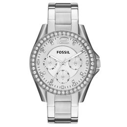 Fossil Damen Multifunktionsuhr "RILEY", silber, Armbanduhren, Quarzuhr, Armbanduhr, Damenuhr, Datum, Edelstahlarmband, Glassteine