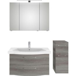 Badmöbel-Set SAPHIR, B:128cm H:200cm T:51,5cm, grau, Spanplatte, Kastenmöbel-Sets, "6005 Sprint 3-teilig, Keramik-Waschtisch mit LED-Spiegelschrank",