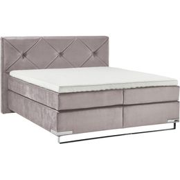 Boxspringbett, B:217cm L:214cm, lila, Gallery M BRANDED BY MUSTERRING, Komplettbetten, "Dubai", Kufe in Chrom, 3 Härtegrade, Kopfteil mit Knopfheftung