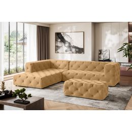 Ecksofa Home Affaire, B:325cm H:71cm T:228cm, gold, 100% Polyester, Wohnzimmer, Sofas, "FOLLINA", L-Form, mit klassischer Chesterfield-Knopfheftung