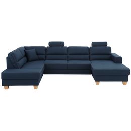 Wohnlandschaft Home Affaire, B:313cm H:100cm, blau, Sofas, "Navan, komfortabel mit viel Platz, U-Form", wahlweise mit Bettfunktion und Kopfstütze
