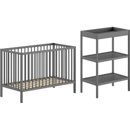 Babymöbel-Set Vipack, grau, Schlafzimmermöbel-Sets, "Dino ist das ideale Start Set für Ihr Kind aus massiver Buche", Babybett u. Wickelregal inkl.,
