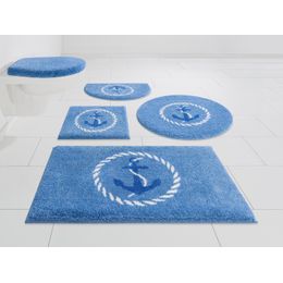 Badematte Grund, H:20mm, blau, Kunstfaser, Badematten, "Port Louis", Design mit Anker, maritim, Made in Europe