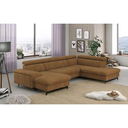 Wohnlandschaft COTTA, B:328cm H:97cm T:215cm, braun, Sofas, "Emma U-Form", mit Kopfteilverstellung, wahlweise mit Bettfunktion & Bettkasten