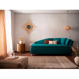 Schlafsofa Alina, B:223cm H:80cm T:102cm, blau, Samtstoff TSV (100% Polyester), Jugendzimmer, Sofas, Bettkasten, Zierkissen-Set aus: 2 Stk. 40x40cm,