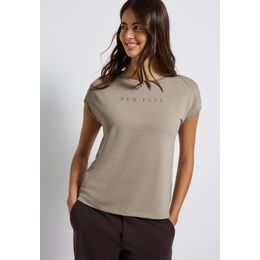 Street One Damen T-Shirt, beige, Gr. 44, bedruckt, Jersey, Obermaterial: 76% Viskose, 20% Modal, 4% Elasthan, Shirts, mit Glitzerdetails