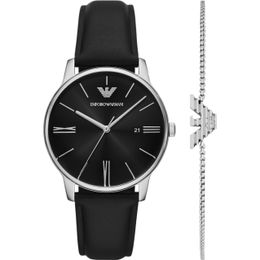 Emporio Armani Damen Quarzuhr, schwarz, Armbanduhren, Armbanduhr, Damenuhr, Herrenuhr, Lederarmband, Geschenkidee