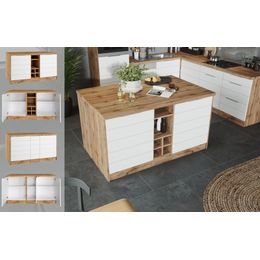 K&uuml;cheninsel KOCHSTATION, B:153cm H:86cm T:100cm, wei&szlig;, Komplettk&uuml;chen-Sets, "KS-Luhe, Breite 153 cm, mit Flaschenregal", MDF-Fronten, Arbeitsplatte