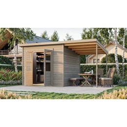 Gartenhaus Karibu, grau, Holzwerkstoff, Gartenh&auml;user, ""Merseburg 6" vorvergraut mit Anbaudach", aus Fichtenholz, farbig lasiert