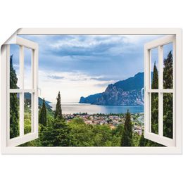 Wandbild Artland, B:130cm H:90cm, gr&uuml;n, Wohnzimmer, Bilder, "Gardasee durchs wei&szlig;e Fenster", als Alubild, Outdoorbild, Leinwandbild, Poster,