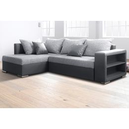Ecksofa Collection AB, B:226cm H:80cm T:160cm, grau, Wohnzimmer, Sofas, "John L-Form", Regalarmlehne,Bettfunktion,Bettkasten,Ottomane beiseitig