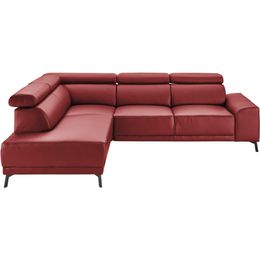 Ecksofa 3C CANDY, B:249cm H:79cm T:209cm, rot, 100% Leder, Wohnzimmer, Sofas, "Greve modern und bequem, inkl. manueller Kopfteilverstellung, L-Form",
