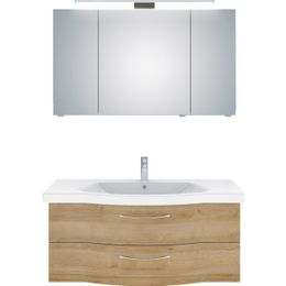Badmöbel-Set SAPHIR, B:122cm H:200cm T:51,5cm, braun, Spanplatte, Kastenmöbel-Sets, "6005 Sprint Keramik-Waschtisch mit LED-Spiegelschrank, 122 cm