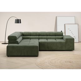 Ecksofa Inosign, B:249cm H:70cm T:215cm, grün, 95% Polyester, 5% Nylon, Wohnzimmer, Sofas, "Ancona, incl. Kopfteilverstellung + 3 Zierkissen, L-Form,