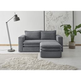 Sitzgruppe Home Affaire, B:180cm H:83cm T:161cm, grau, Wohnzimmer, Sitzmöbel-Sets, "PIAGGE", 2-Sitzer-Sofa und Hocker klein im Set