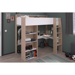 Hochbett Parisot, B:132cm H:193cm L:204cm, braun, Jugendzimmer, Hochbetten, "Shelter 11", integrierter Schreibtisch, Leiter, Regal, Kleiderstange,