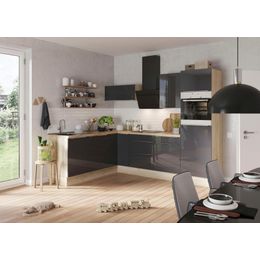 Winkelk&uuml;che KOCHSTATION, B:270cm H:212cm T:60cm, schwarz, Komplettk&uuml;chen-Sets, "KS-Aken", wahlweise mit E-Ger&auml;ten und Stellvariante Sp&uuml;le links oder