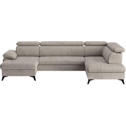 Wohnlandschaft COTTA, B:324cm H:100cm T:207cm, grau, Sofas, "Hudson U-Form", mit Kopfteilverstellung, wahlweise mit Bettfunktion & Bettkasten