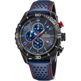 Festina Herren Chronograph, blau, Armbanduhren, Armbanduhr, Quarzuhr, Herrenuhr, Stoppfunktion, Lederarmband