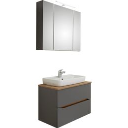 Badm&ouml;bel-Set SAPHIR, grau, Kastenm&ouml;bel-Sets, "Quickset 2-teilig, Keramik-Aufsatzbecken mit LED-Spiegelschrank", 80 cm breit, 2 Schubladen, 3