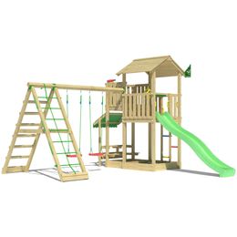 Jungle Gym Jungen Spielturm "Veranda", grün, Holzwerkstoff, B:454cm H:310cm T:437cm, Spieltürme, Spielanlage mit Schaukel, Kletterbock und Rutsche