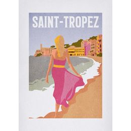 Bild Komar, B:50cm H:70cm, bunt, Holz, Papier, Wohnzimmer, Bilder, "Vintage Travel Saint-Tropez", Wandbild zur Dekoration - ohne Rahmen