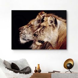 Wandbild Reinders, B:140cm H:100cm, braun, MDF, Wohnzimmer, Bilder, "Wandbild L&ouml;we und L&ouml;win Raubtier - L&ouml;wenkopf - Seitenportr&auml;t"