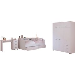 Jugendzimmer-Set Parisot, B:113cm H:82cm T:203cm, weiß, Spanplatte, Schlafzimmermöbel-Sets, "Sleep 42", Rückwände der Fächer am Bett drehbar