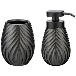 Badaccessoire-Set Wenko, grau, Keramik, Kunststoff, Badaccessoires-Sets, "Modell Idro Anthrazit", Seifenspender und Zahnputzbecher aus Keramik,