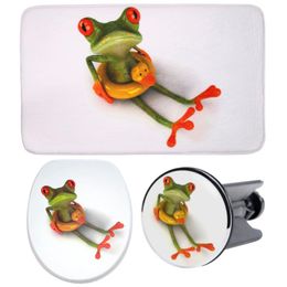 Badaccessoire-Set Sanilo, grün, Kunststoff, MDF, Polyester, Badaccessoires-Sets, "Froggy", bestehend aus WC-Sitz, Badteppich und Waschbeckenstöpsel