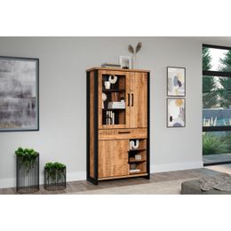 Vitrine Home Affaire, B:106cm H:195cm T:45cmmango, schwarz, Glas, Holzwerkstoff, MDF, Metall, Wohnzimmer, Schr&auml;nke, "Elda", Vitrine mit 3 T&uuml;ren & 1